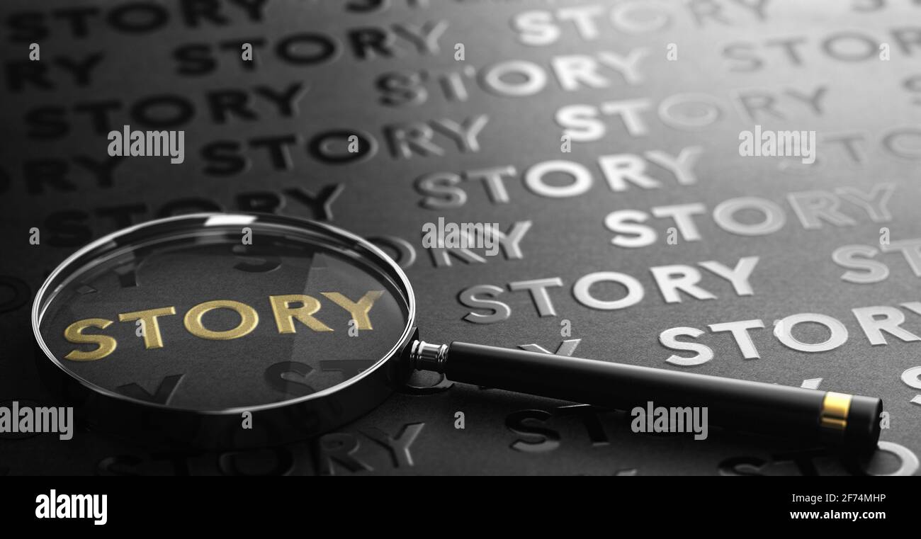 3D illustration of a magnifying glass over the golden word story. Black ...