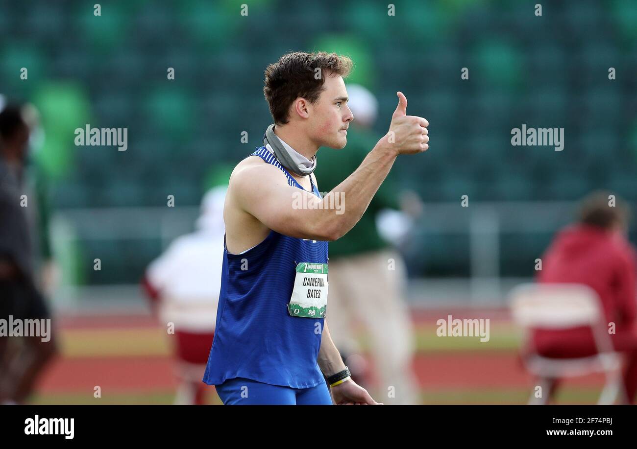 April 02, 2021: Cameron Bates of BYU celebrates his win in the javelin ...