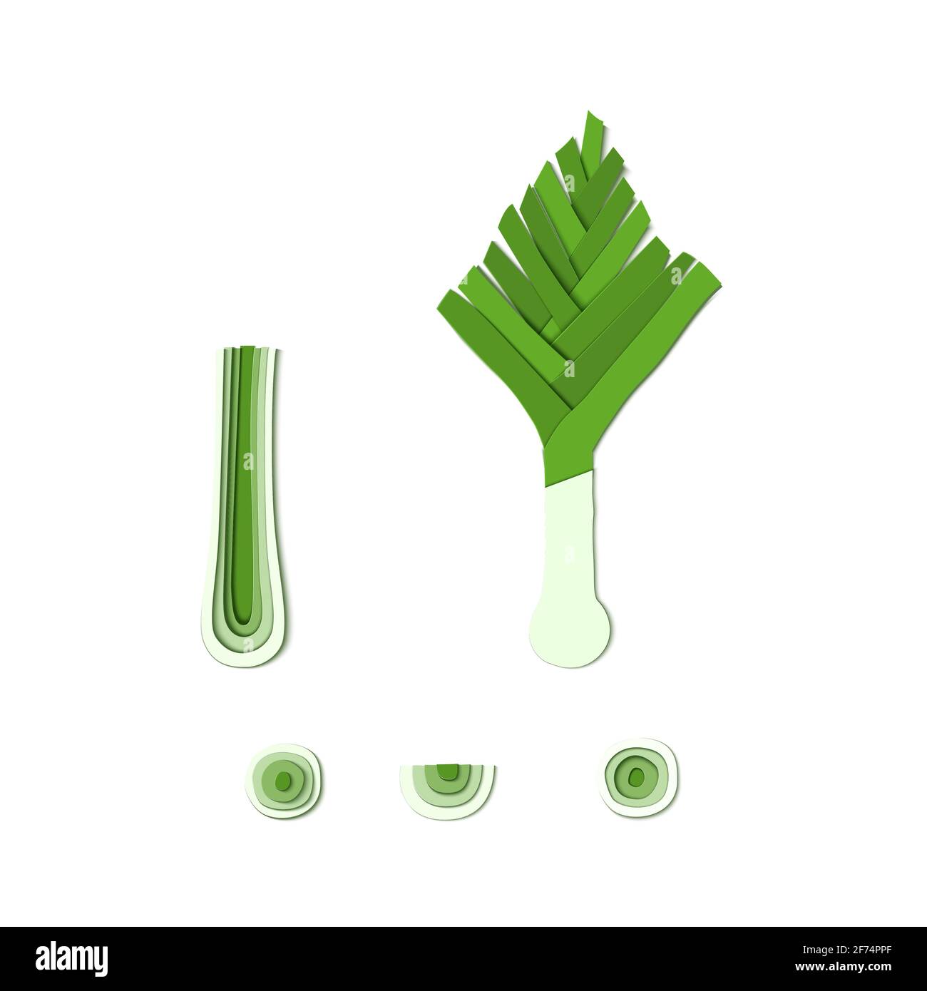 Set of green leek paper cut style. Origami vegetable isolated on white ...