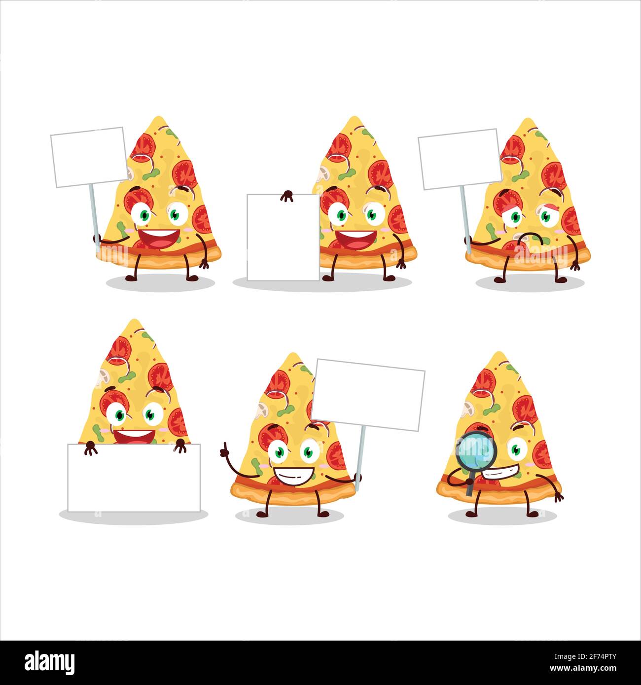 Slice of tomato cheese pizza cartoon character bring information board ...