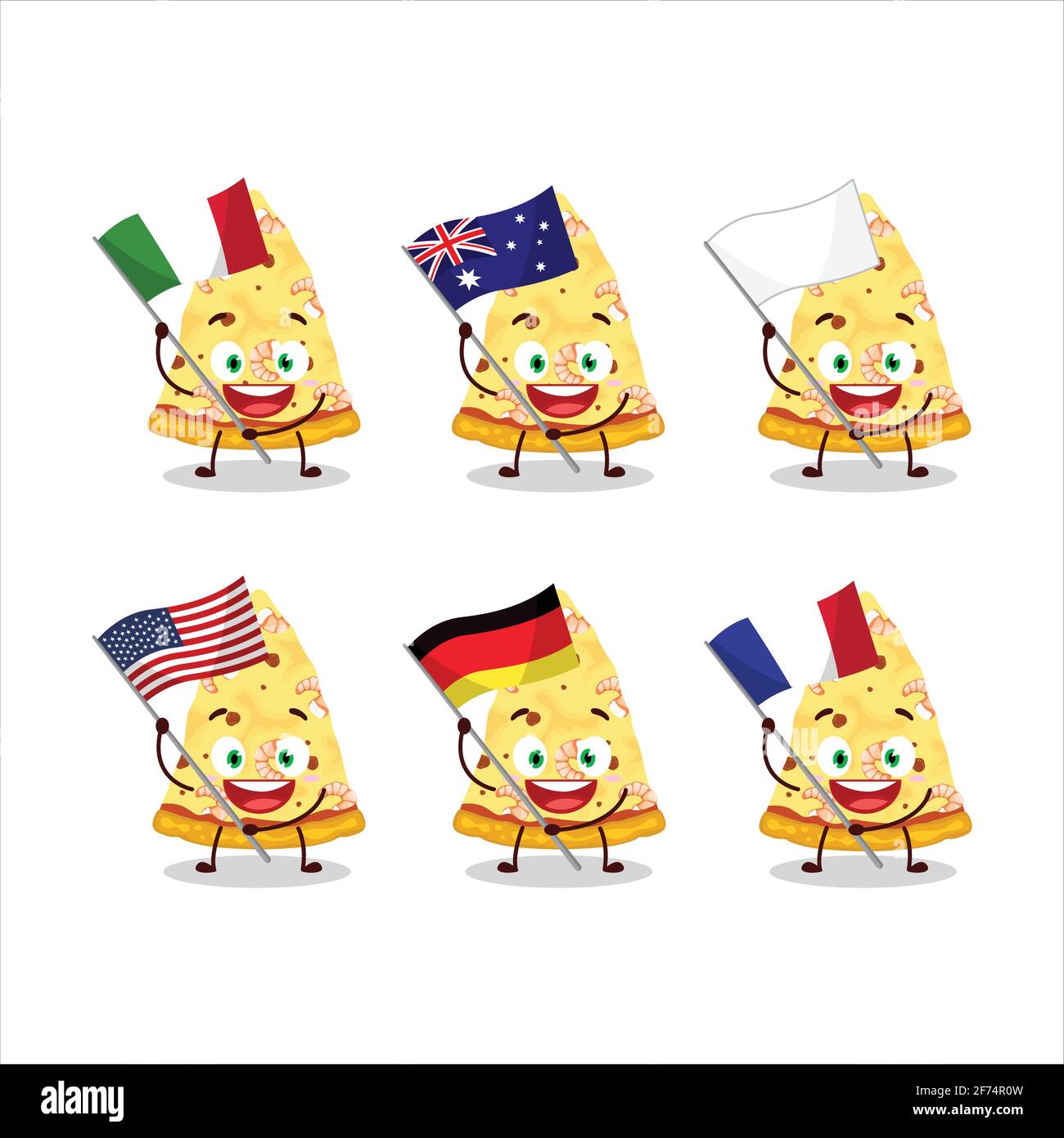 Slice of marinara pizza cartoon character bring the flags of various ...