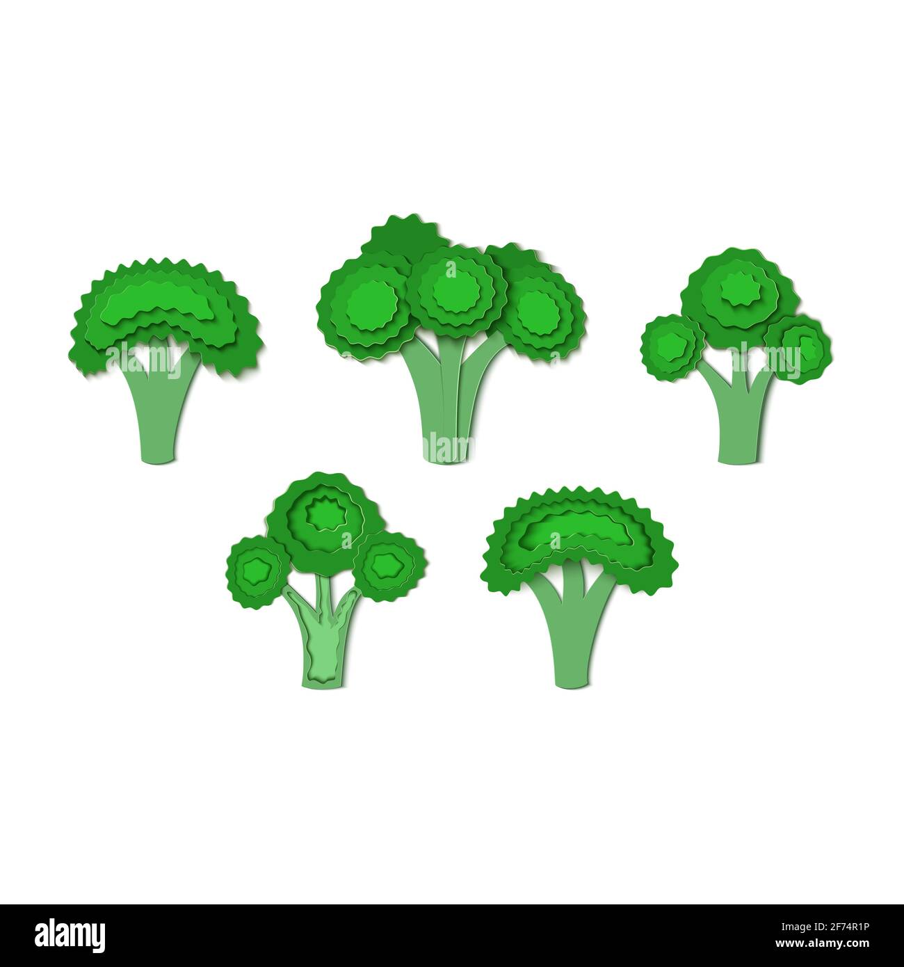 Set of green broccoli paper cut style. Origami vegetable isolated on ...