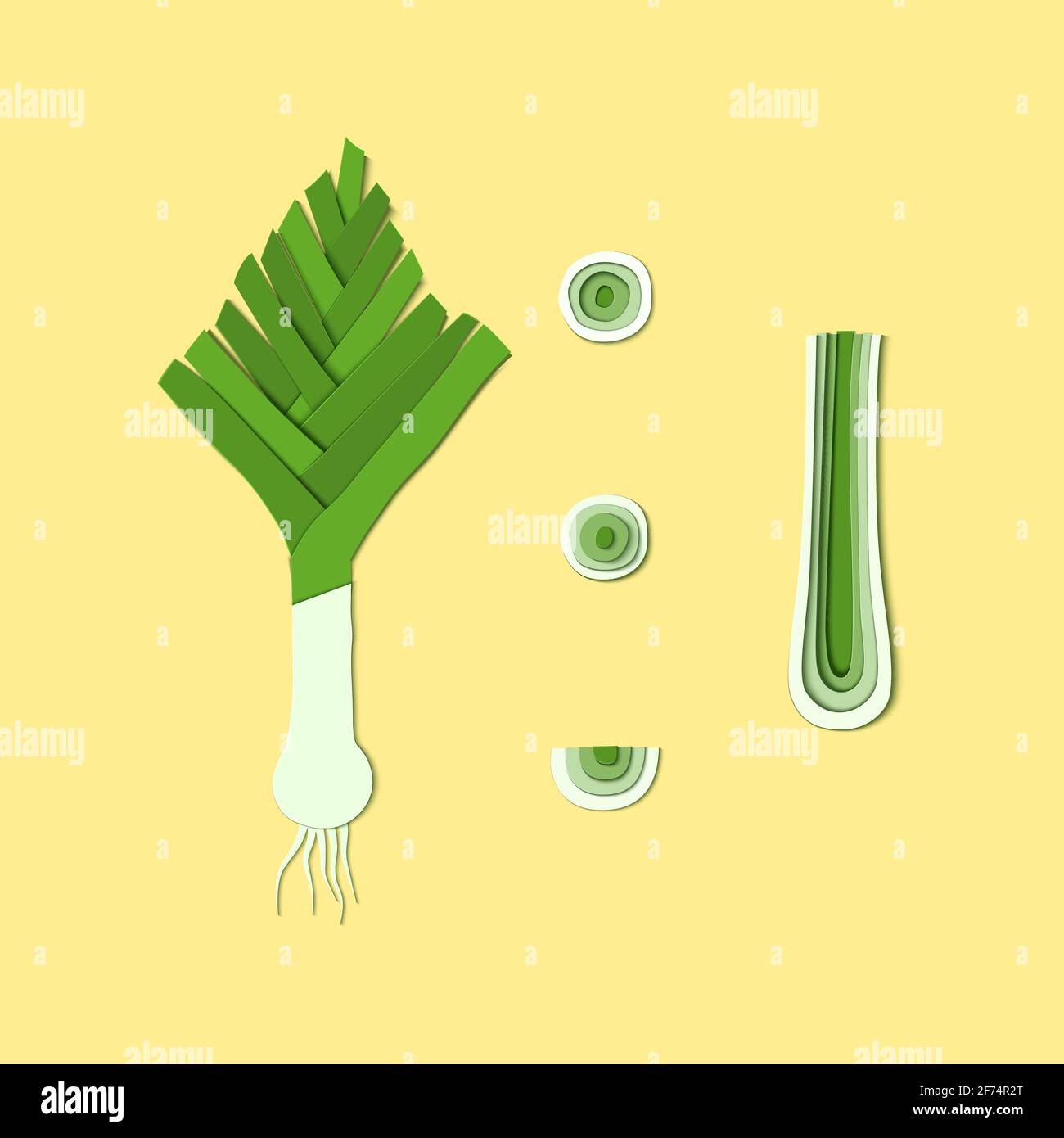 Set of green leek paper cut style. Origami vegetable isolated on white ...