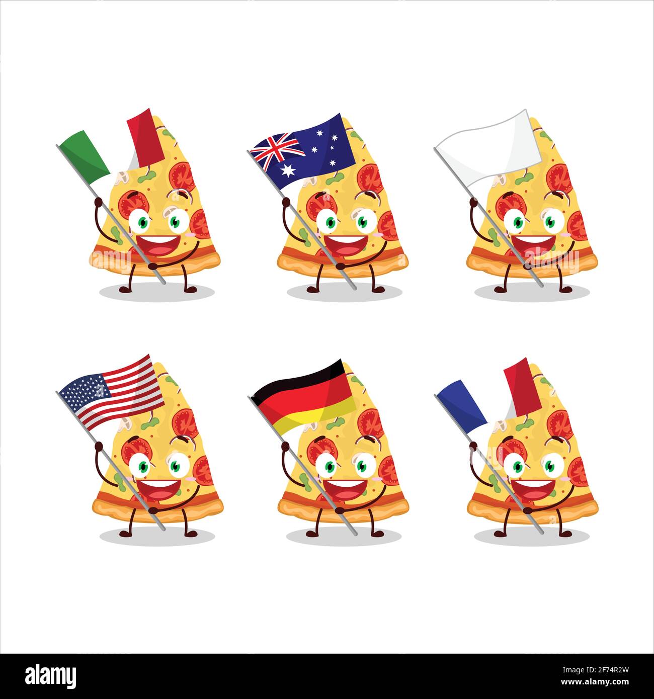 Slice of tomato cheese pizza cartoon character bring the flags of ...