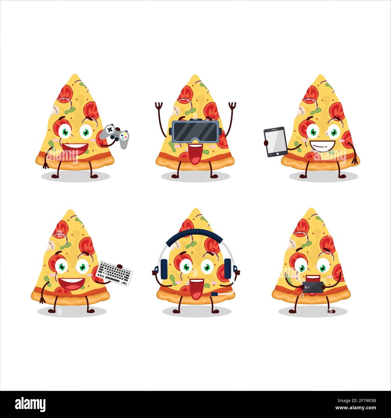 Slice of tomato cheese pizza cartoon character are playing games with ...