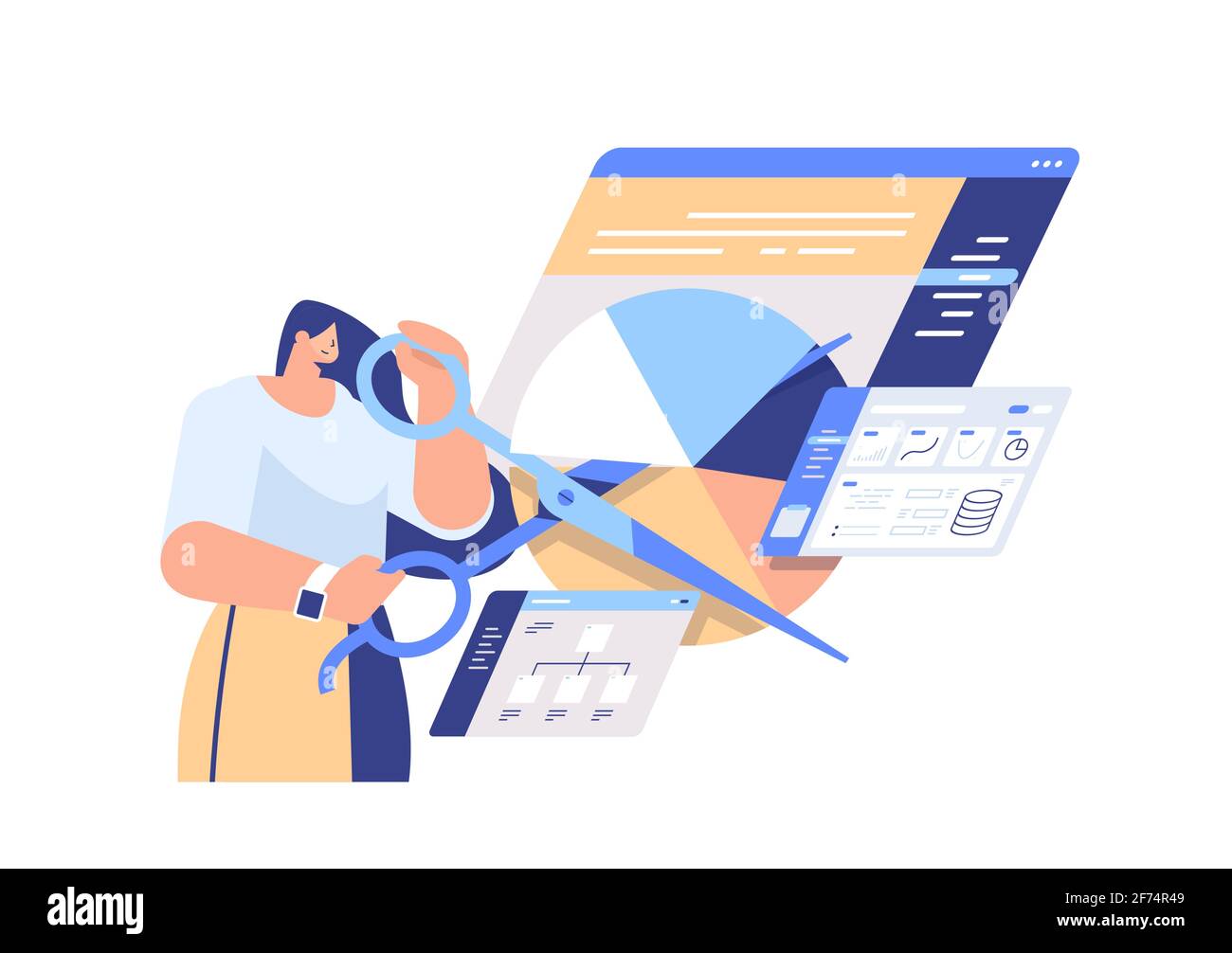 businesswoman with scissors creating visual graphs business charts ...