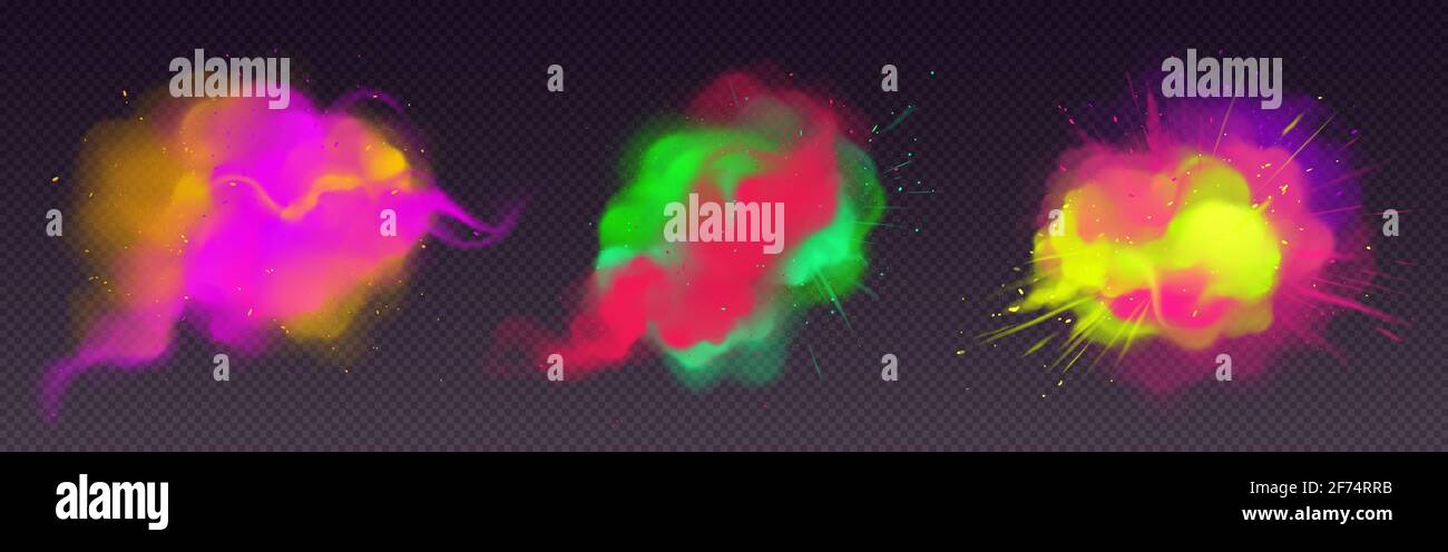 Colorful smoke flow and paint powder explosion. Vector realistic set of ...