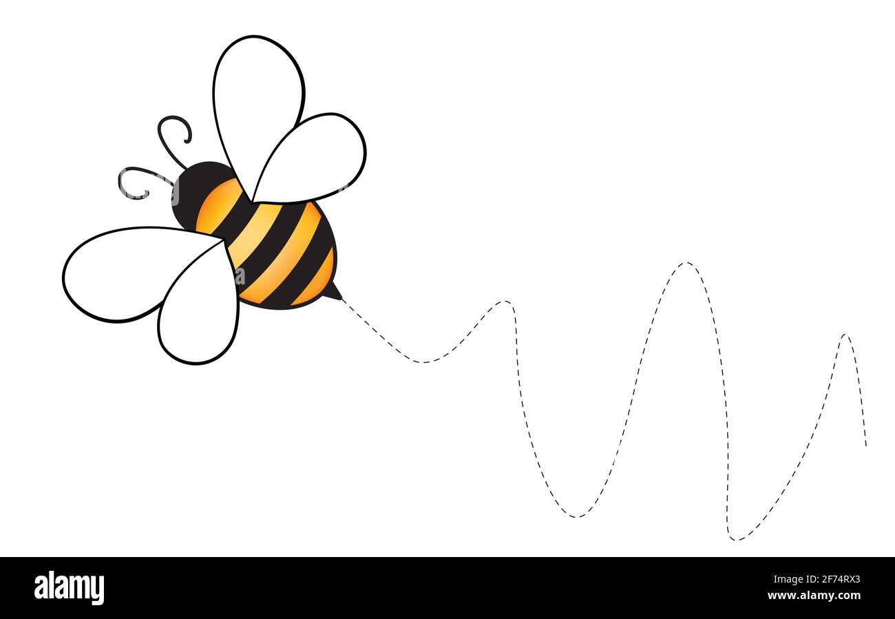 Set of cartoon bee mascot. A small bees flying on a dotted route. Wasp ...