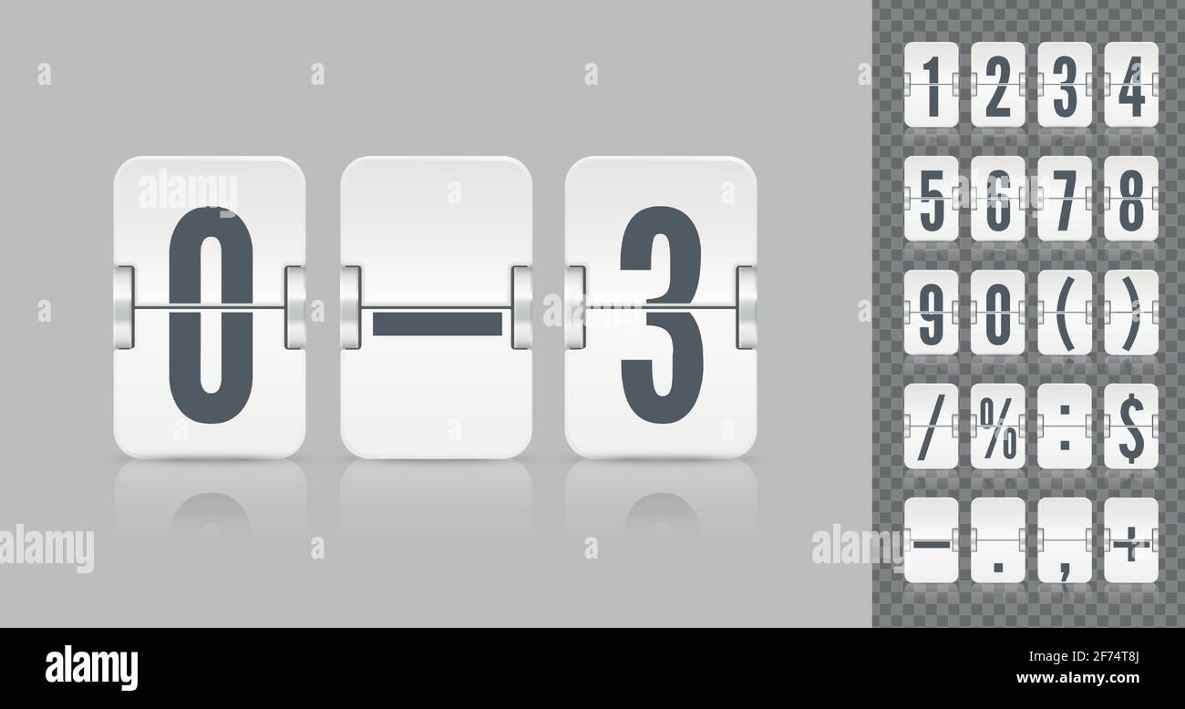 White Scoreboard Number And Symbol Font With Reflections Isolated On