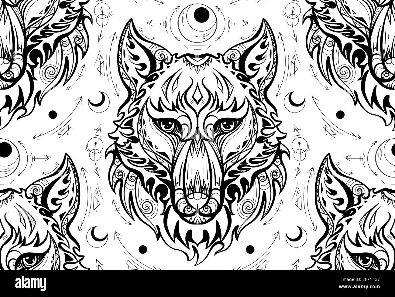 Seamless pattern with contour wolf head and sacred symbols. Predator ...