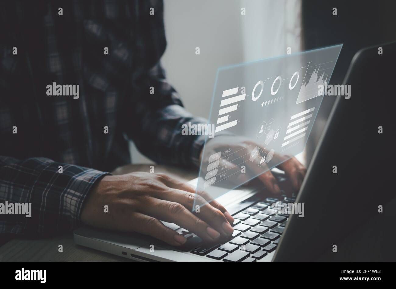 business man typing computer keyboard screen digital icon graph and ...