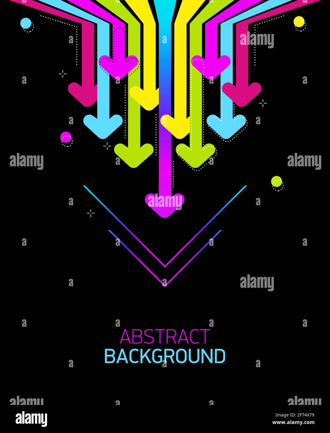 Bright abstract background with rainbow arrows on black background. Futuristic vector ...