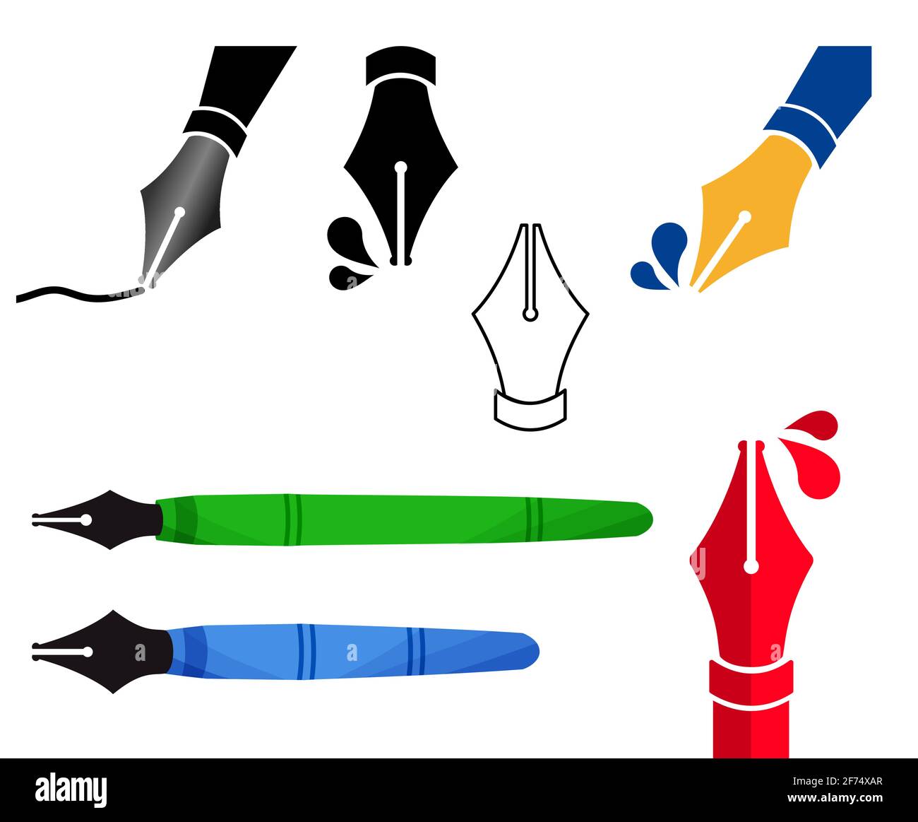 Set fountain pen signs. Various handles in color and black and white ...