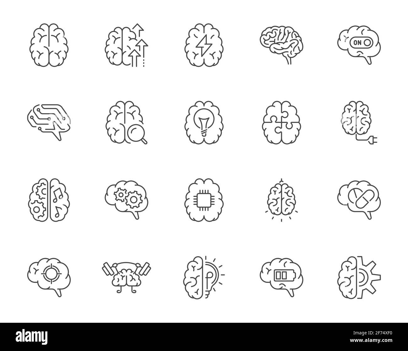 Vector set of minimal outline icons symbolizing various smart brain ...