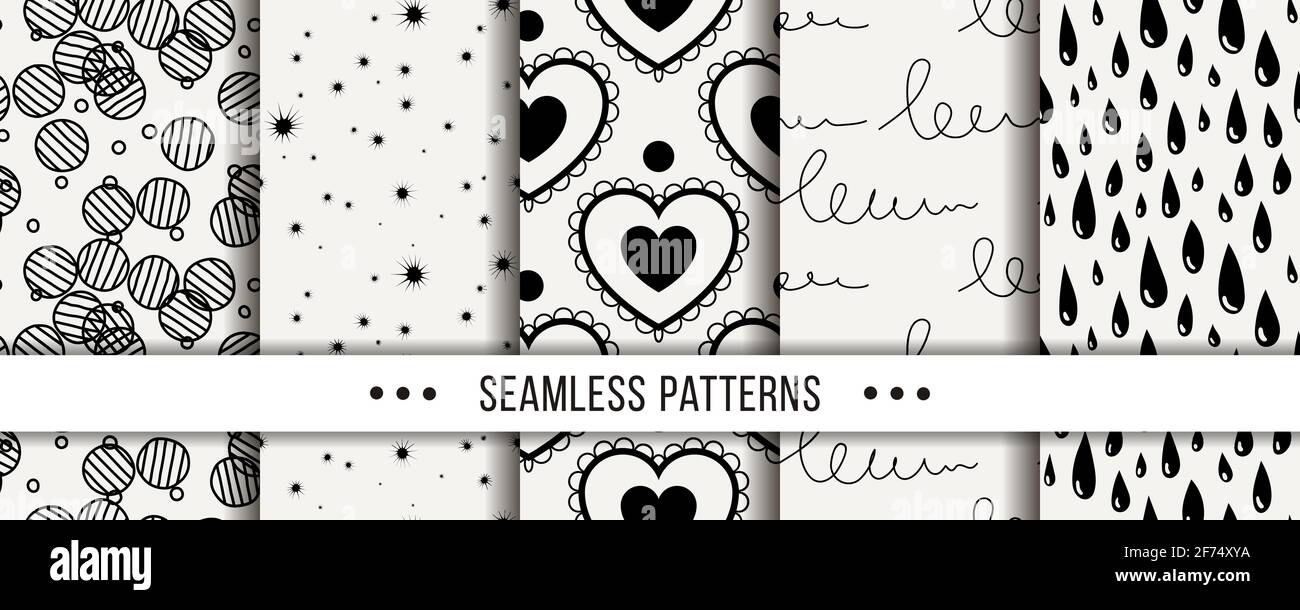 Cute collection of doodle hipster seamless patterns. Ornament set for your design, wallpaper ...
