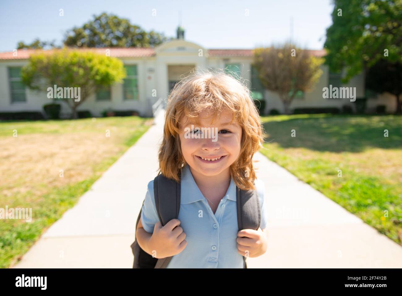 Funny school boy face. Kid school boy enjoy school vacation. Day out or ...