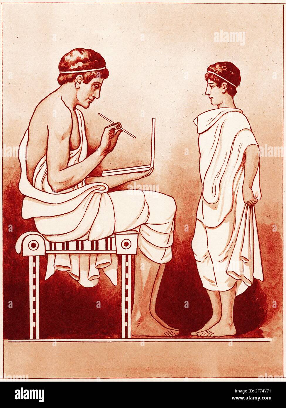 Halftone of a Greek scribe and a schoolboy. From a set of school ...