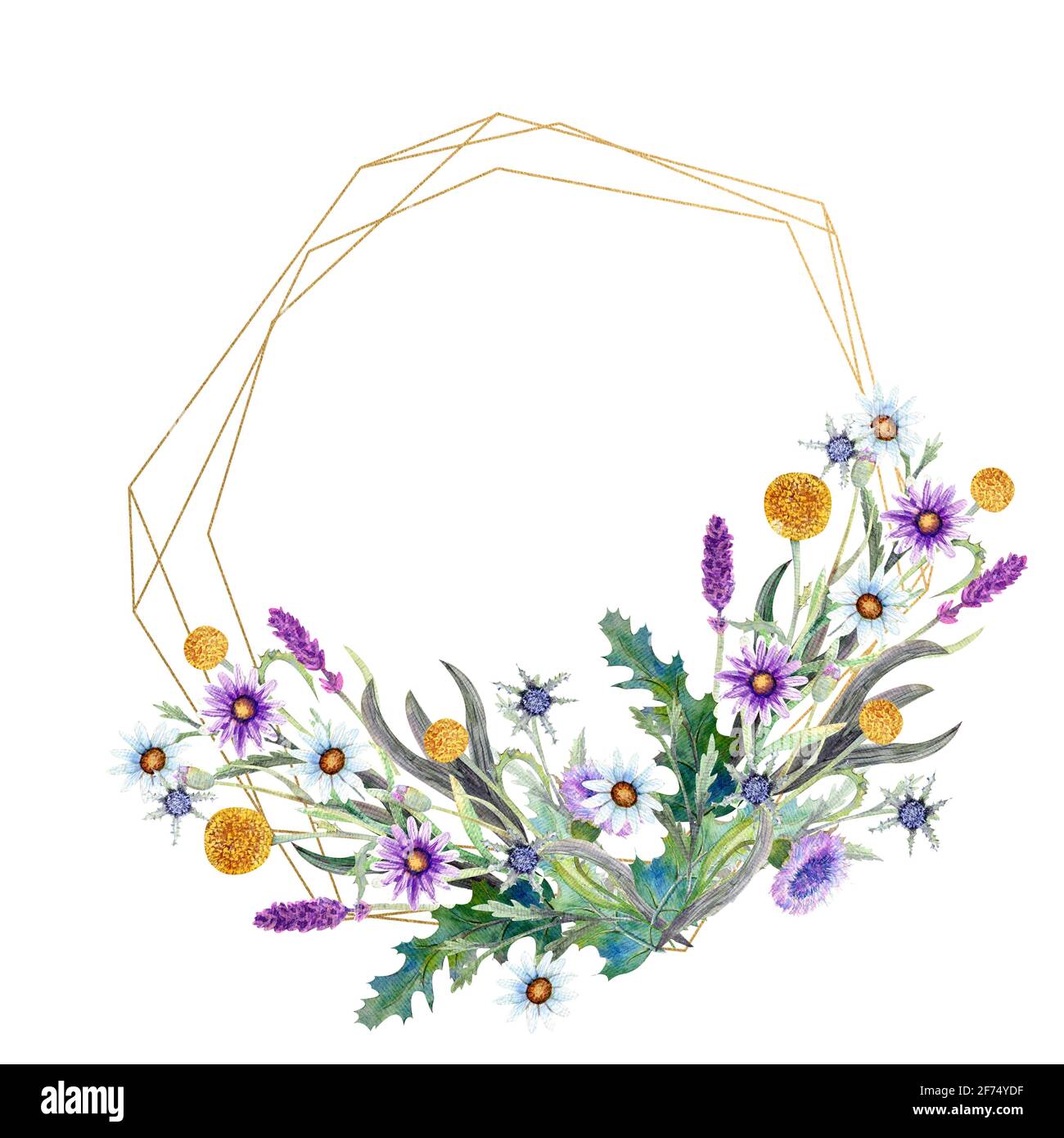 Romantic geometric frame. Wildflowers in watercolor. Wedding concept ...