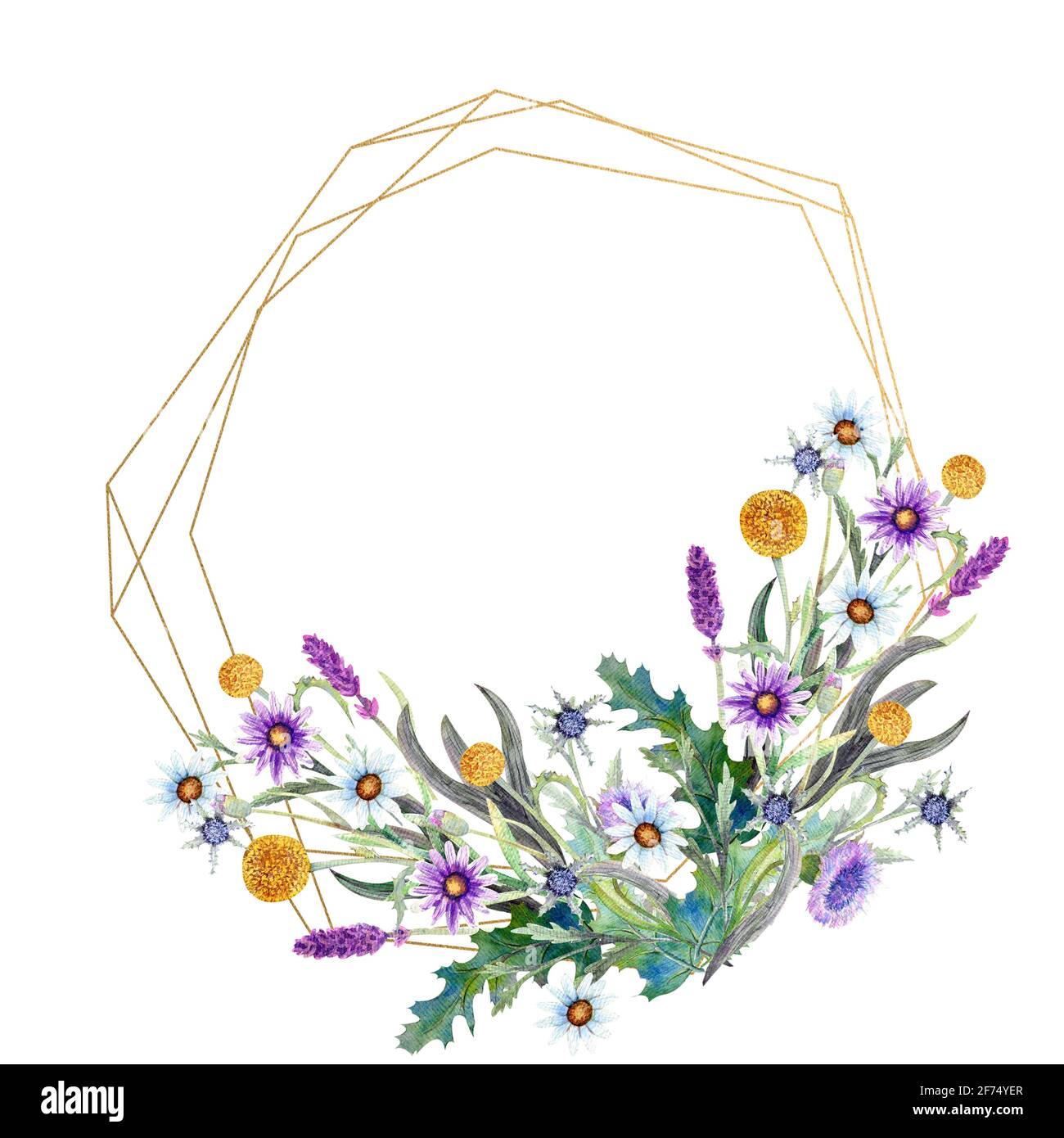 Romantic geometric frame. Wildflowers in watercolor. Wedding concept ...