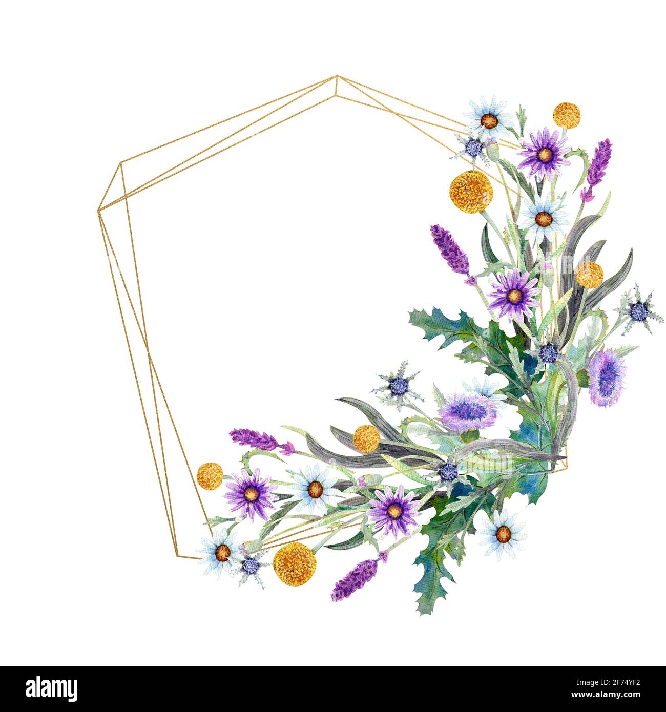 Romantic geometric frame. Wildflowers in watercolor. Wedding concept ...