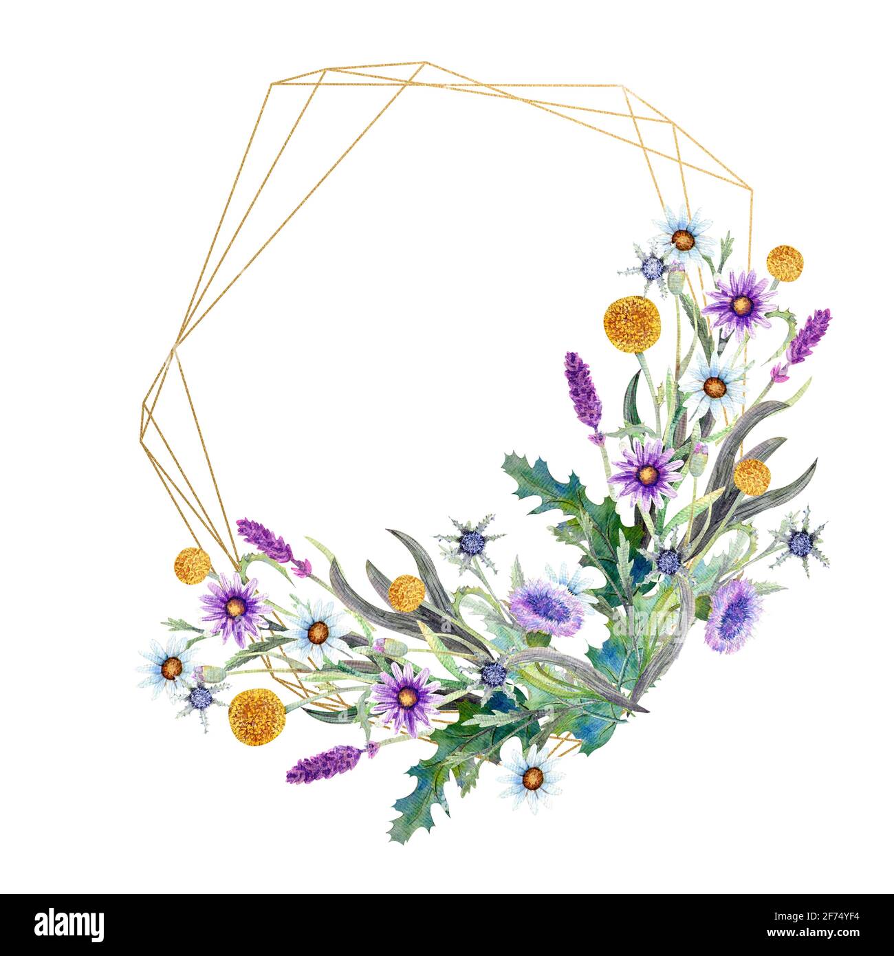 Romantic geometric frame. Wildflowers in watercolor. Wedding concept ...
