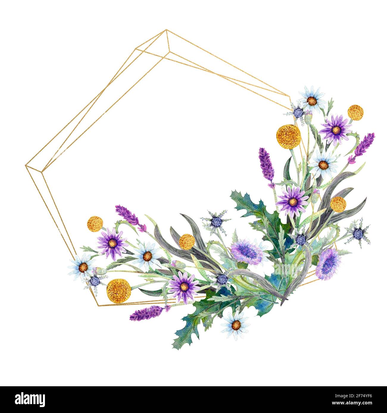 Romantic geometric frame. Wildflowers in watercolor. Wedding concept ...