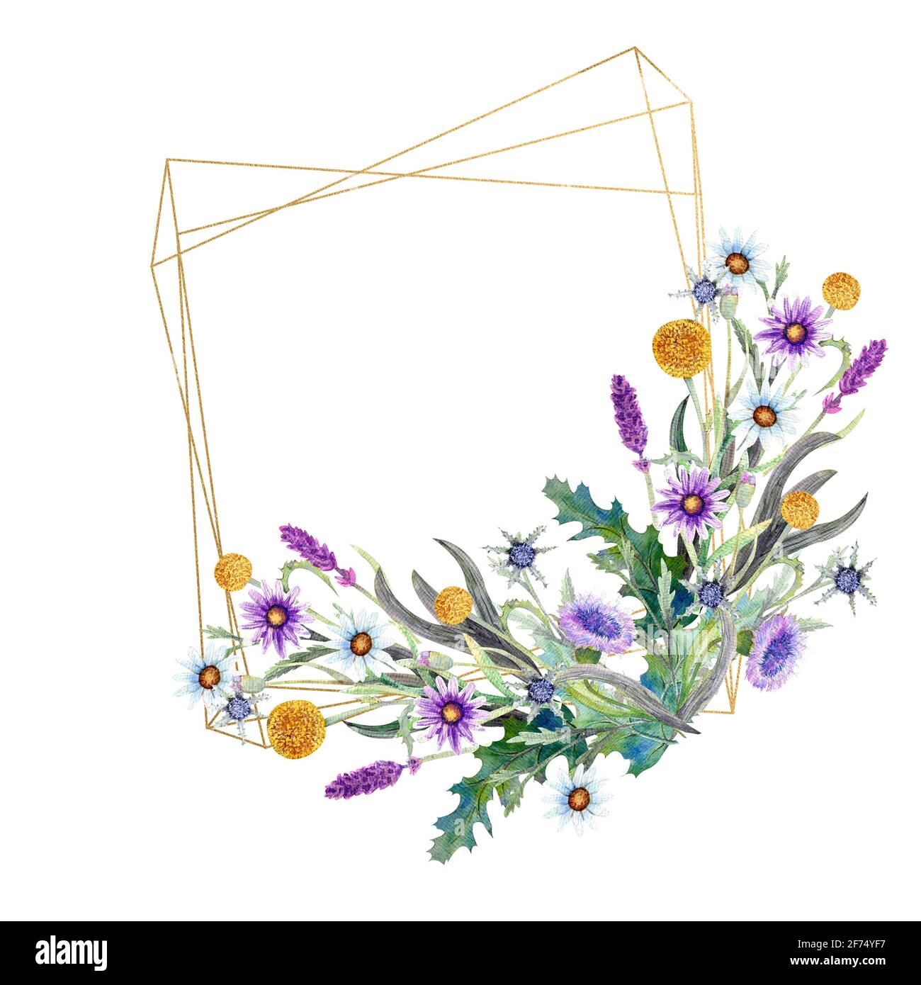 Romantic geometric frame. Wildflowers in watercolor. Wedding concept ...