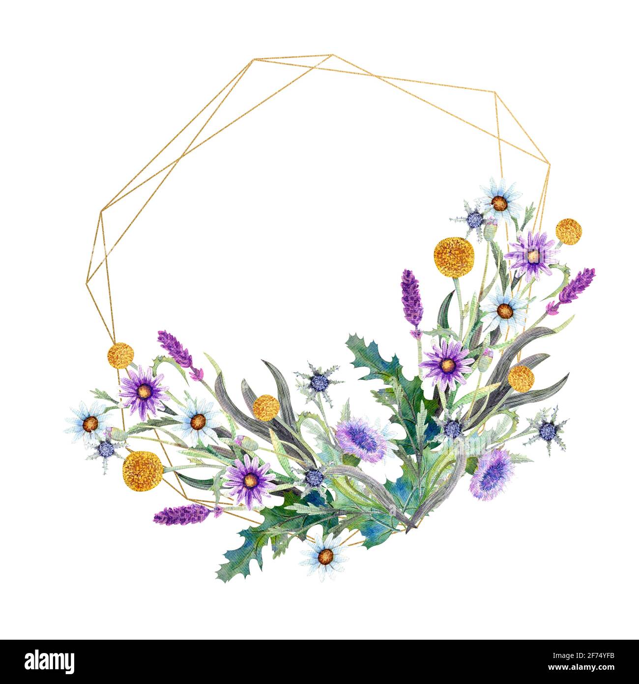 Romantic geometric frame. Wildflowers in watercolor. Wedding concept ...