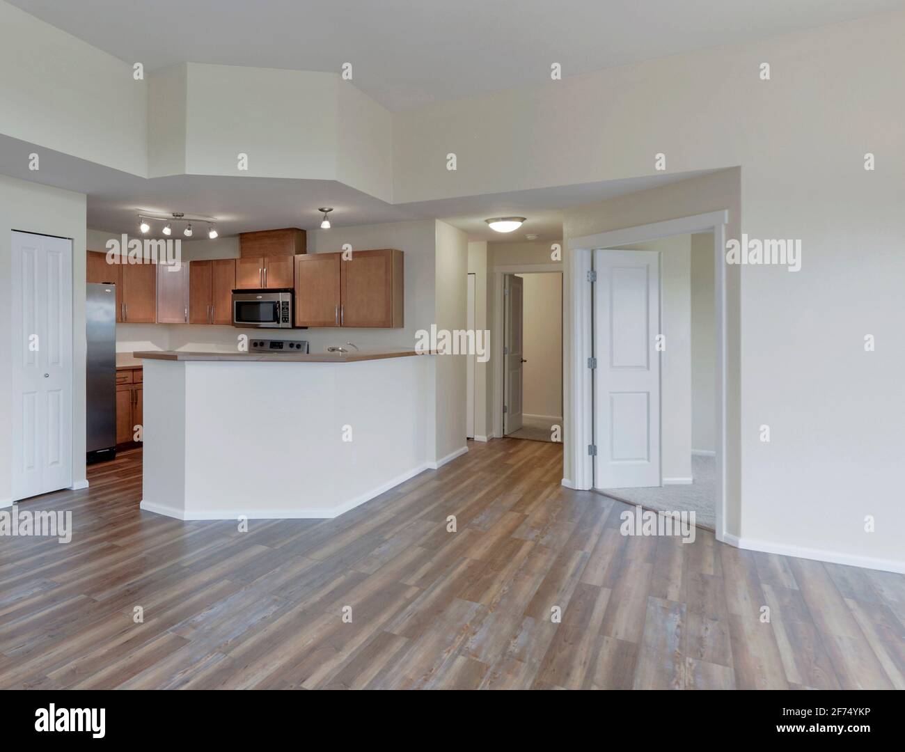 Empty residential living room and kitchen interior Stock Photo - Alamy