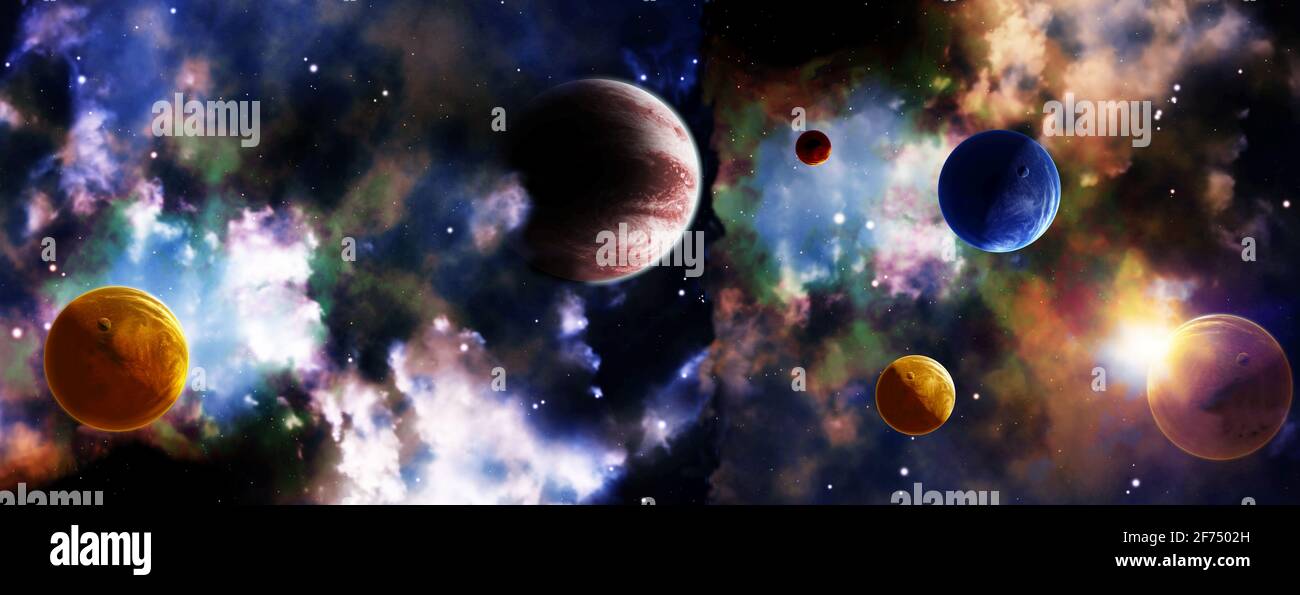 Horizontal galaxy banner. A beautiful space scene with sun, planets and ...