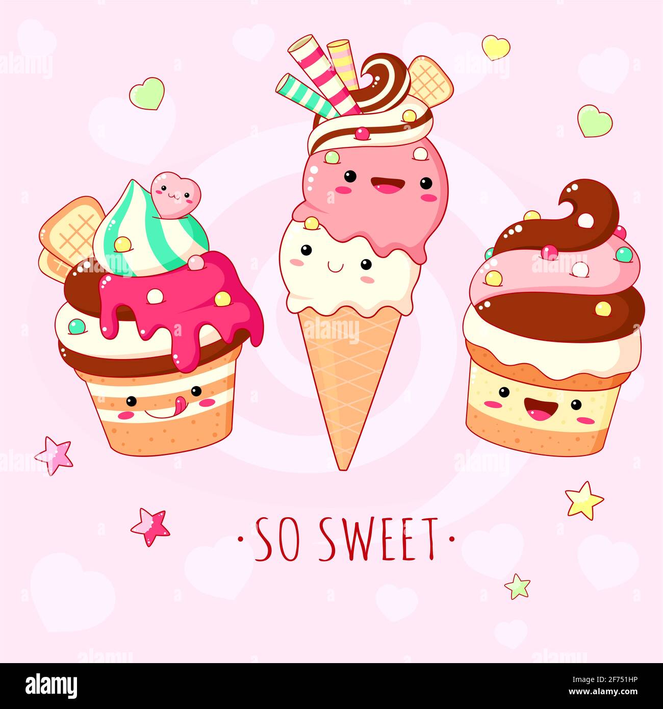 Funny background with cute sweet foods - ice cream, cake and cupcake ...