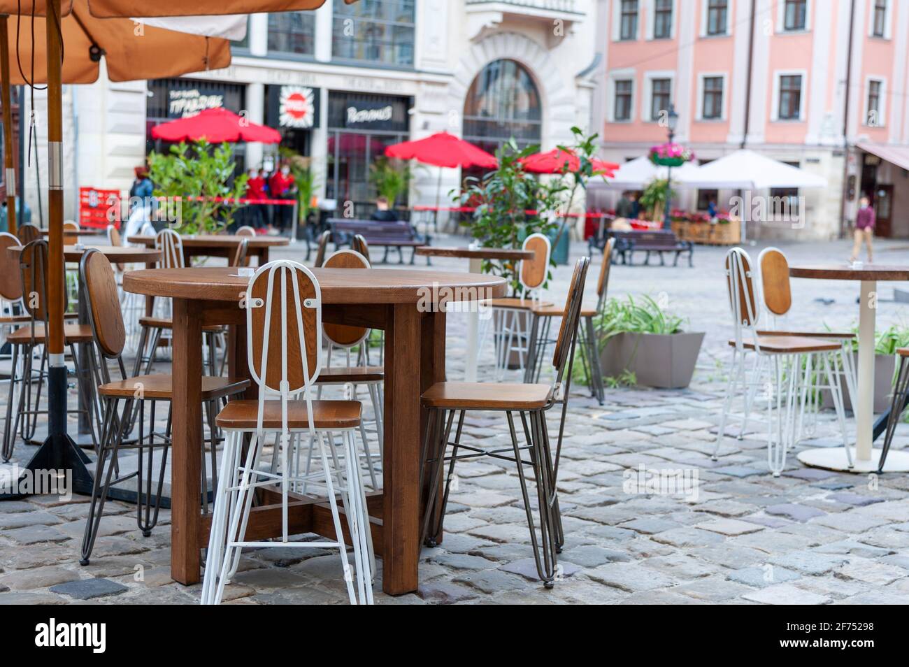 Vintage street cafe. Interior summer open-air street cafe Stock Photo ...