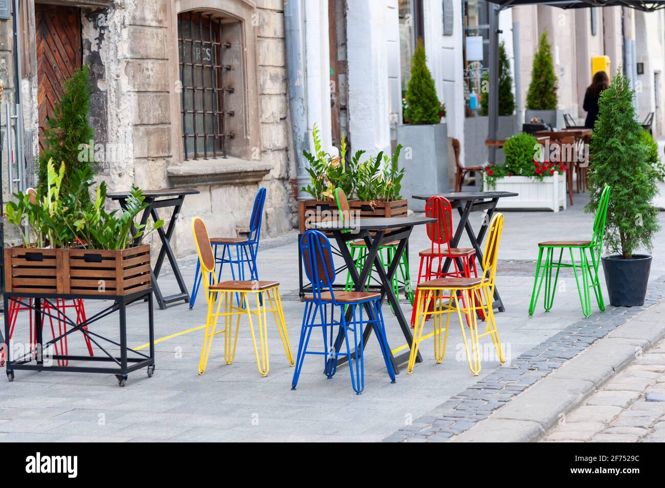 Vintage street cafe. Interior summer open-air street cafe Stock Photo ...