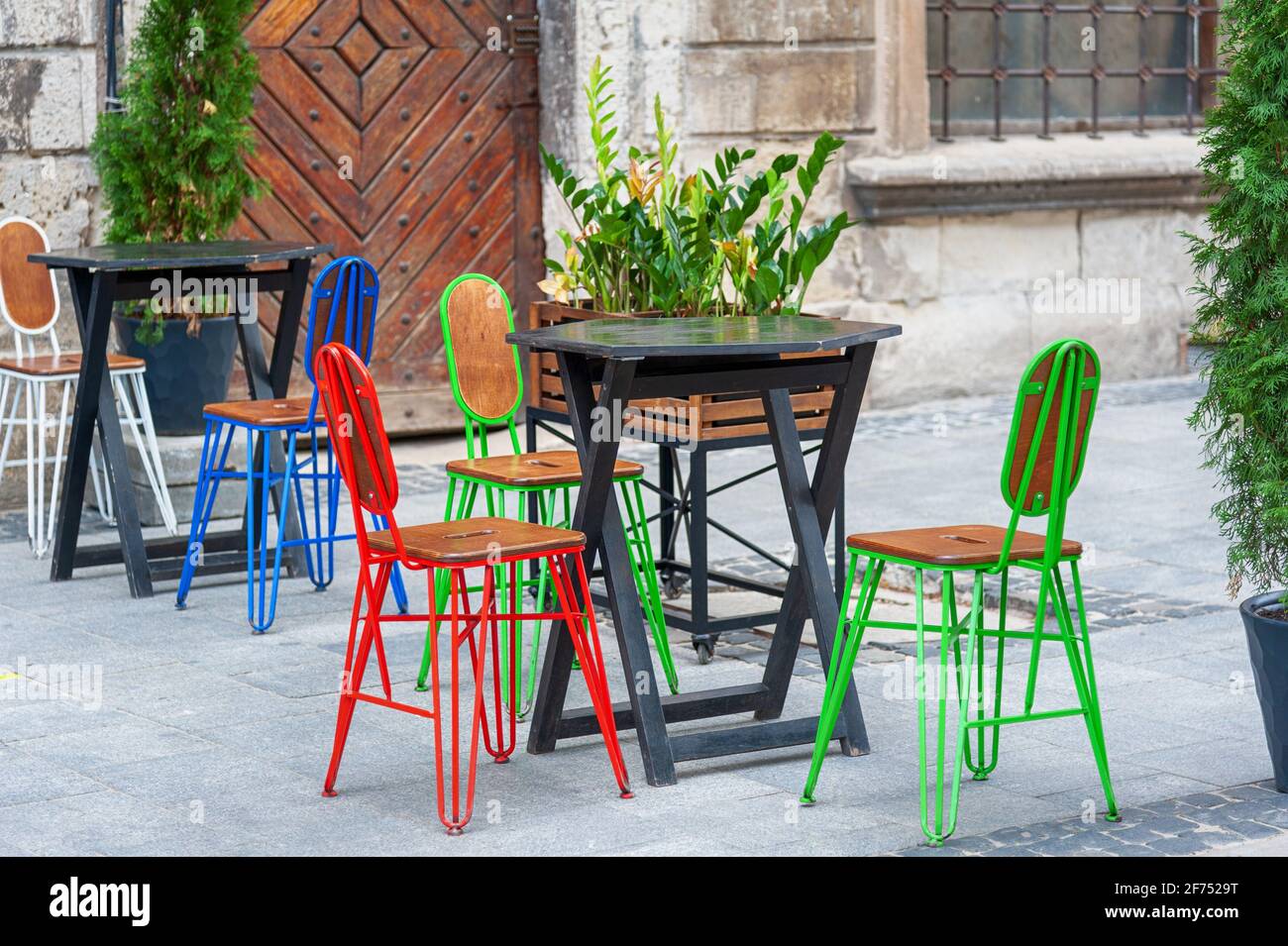 Vintage street cafe. Interior summer open-air street cafe Stock Photo ...