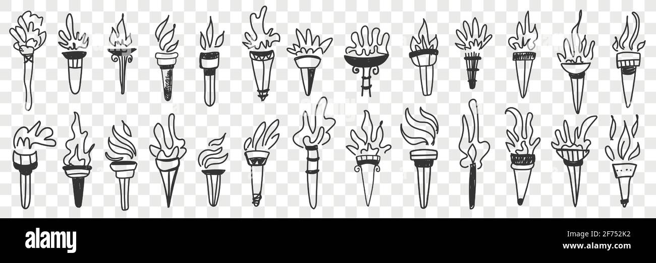 Torch with flame fire doodle set. Collection of hand drawn various ...