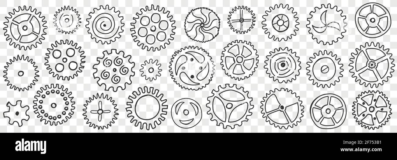 Circle gears with patterns doodle set. Collection of hand drawn various ...