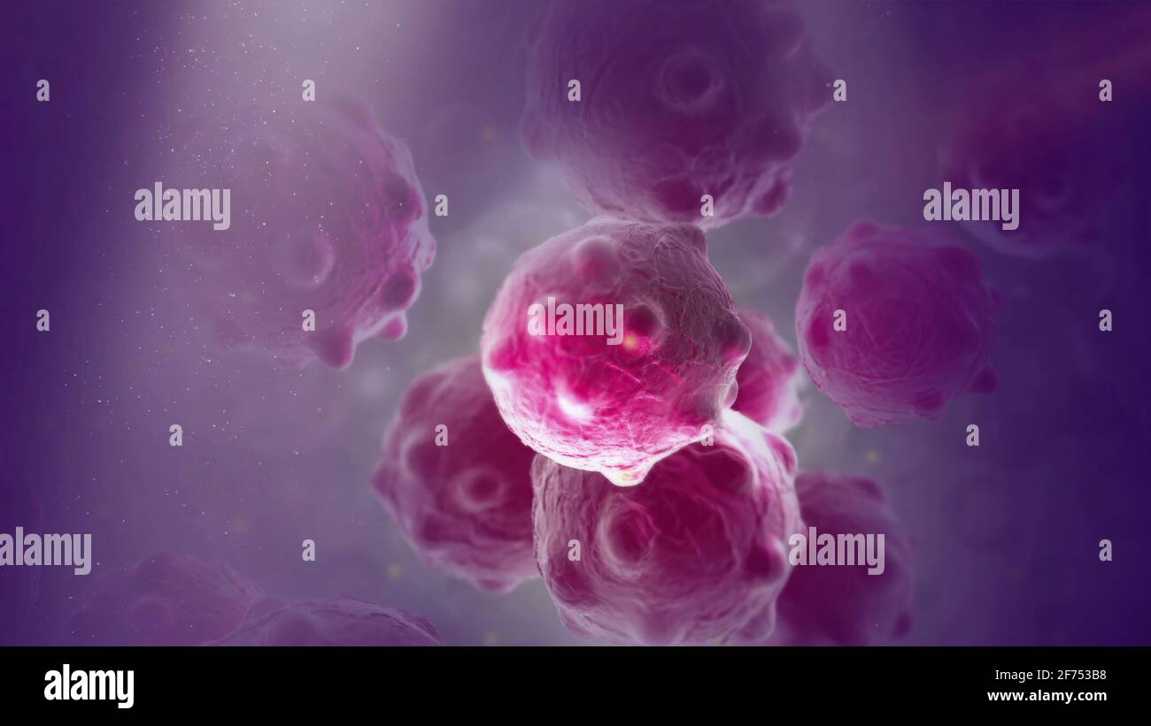 Close image of bunch purple cancer cells with large beam dust Stock ...