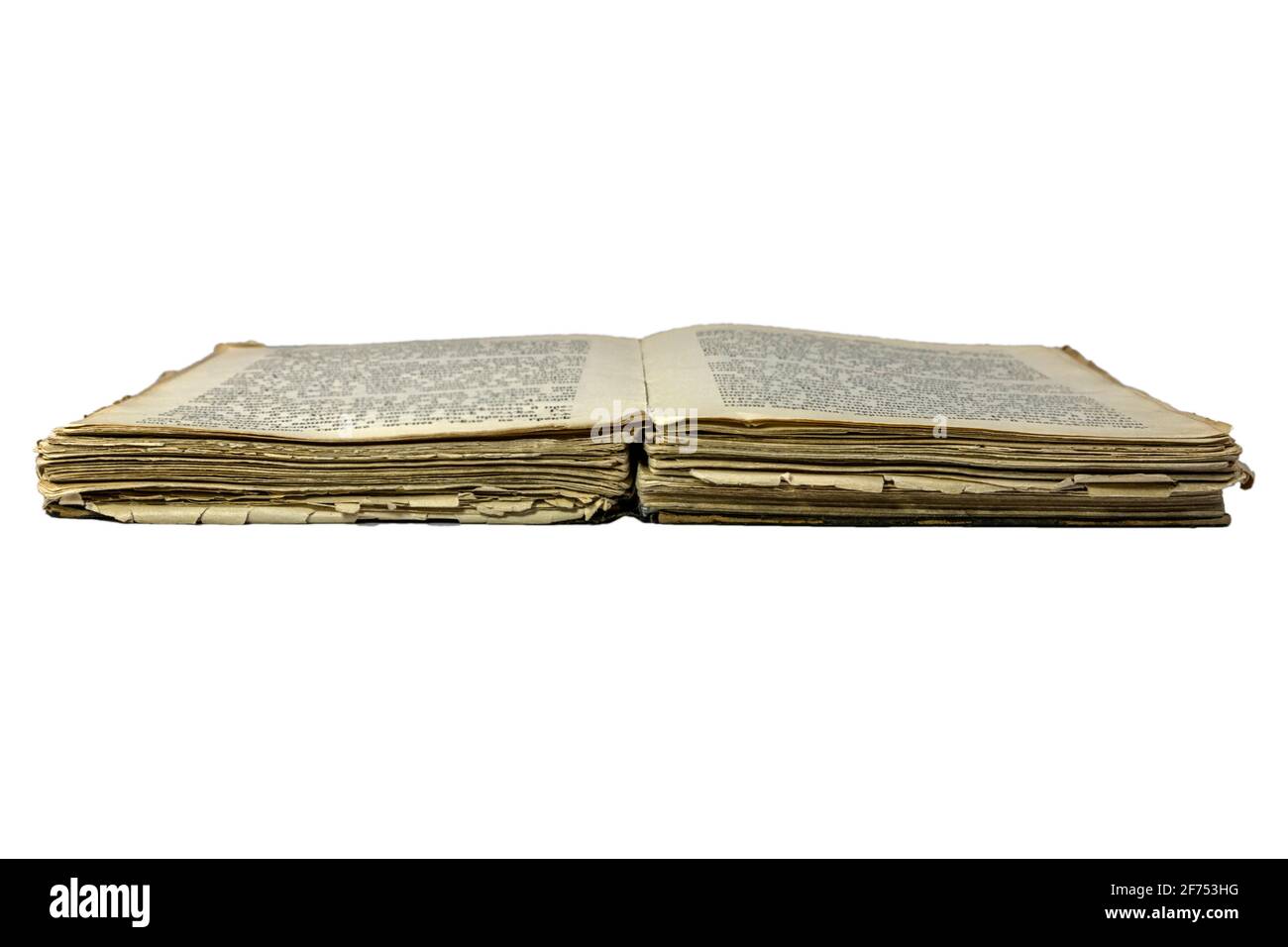 Old opened damaged book isolated on white background Stock Photo - Alamy