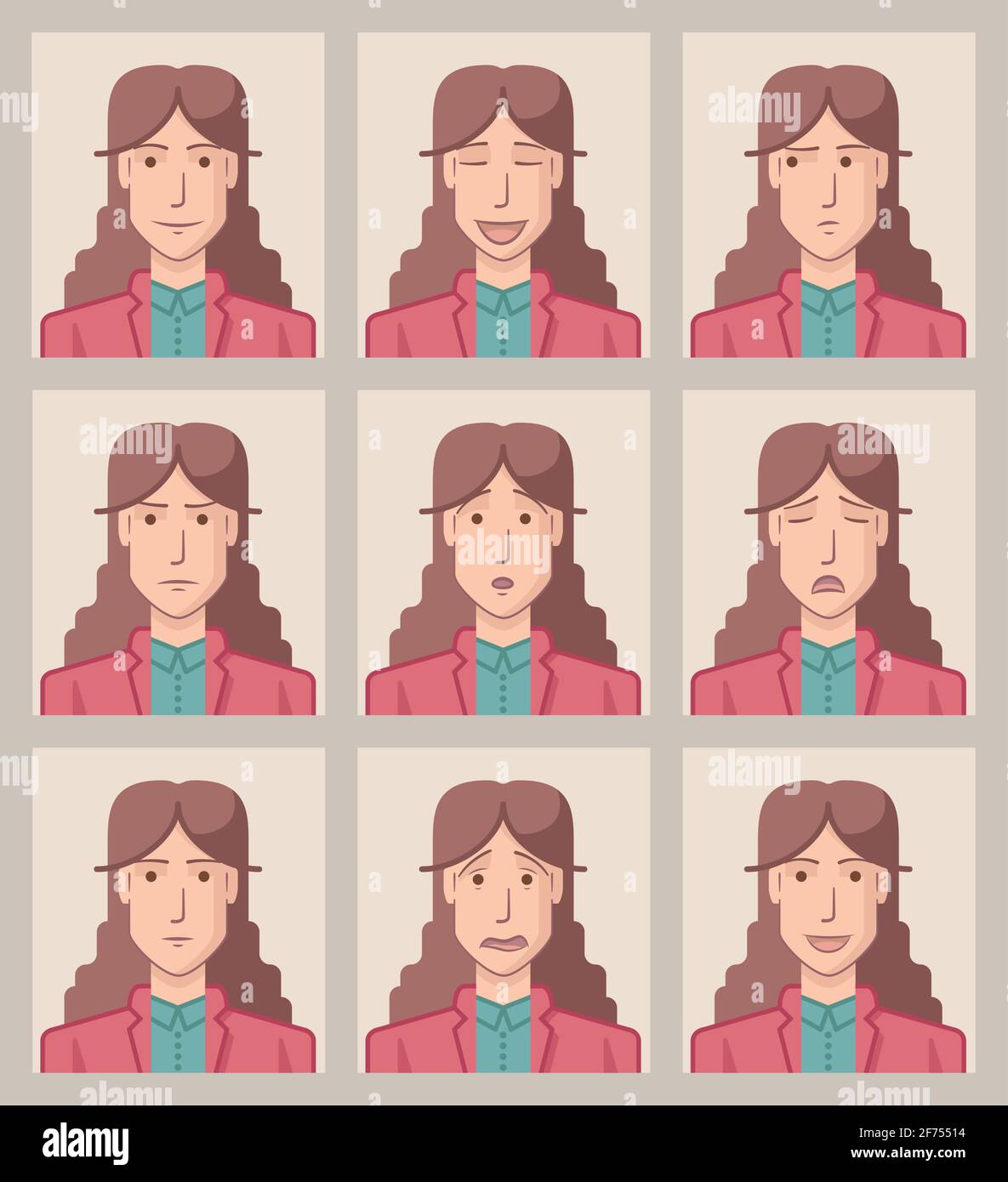 Nine drawings of a young businesswoman with different facial ...