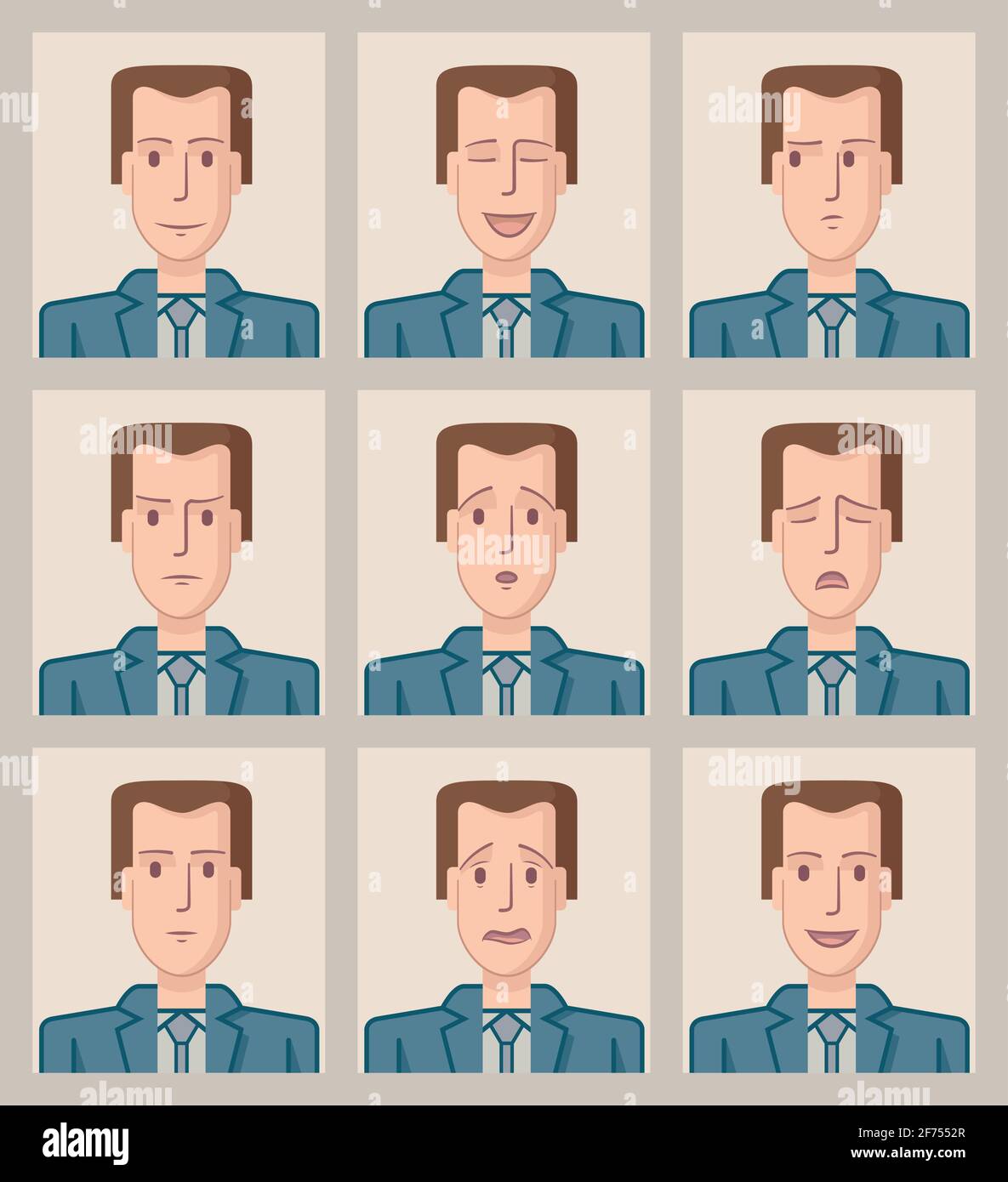 Nine drawings of a young businessman with different facial expressions ...