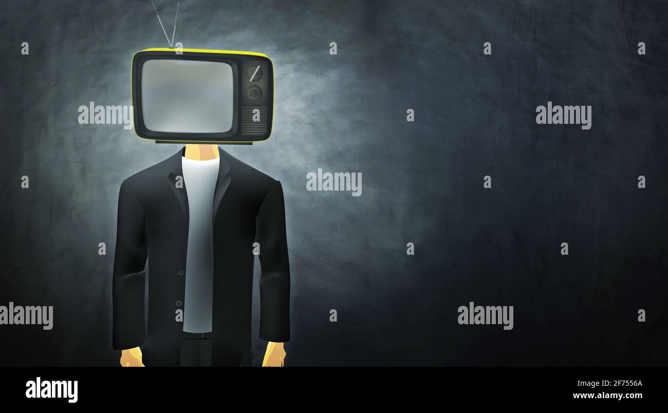 Man with a TV head. Addiction to television, surreal 3D render concept ...