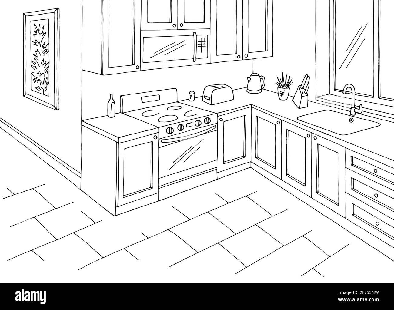 Kitchen room graphic black white home interior sketch illustration ...