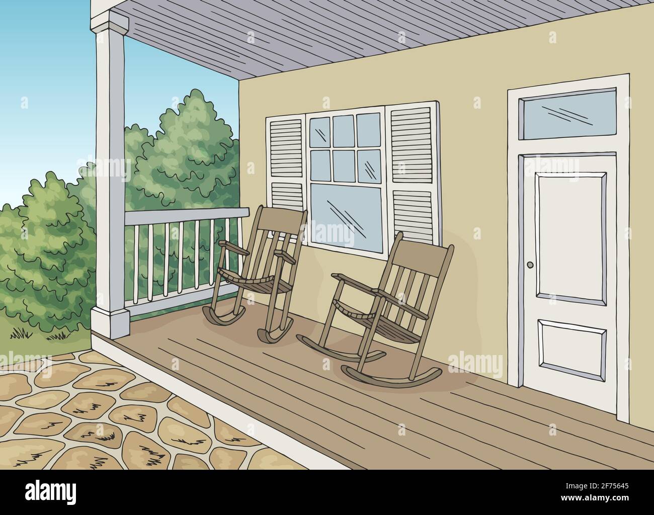 Porch graphic house building color sketch illustration vector Stock ...