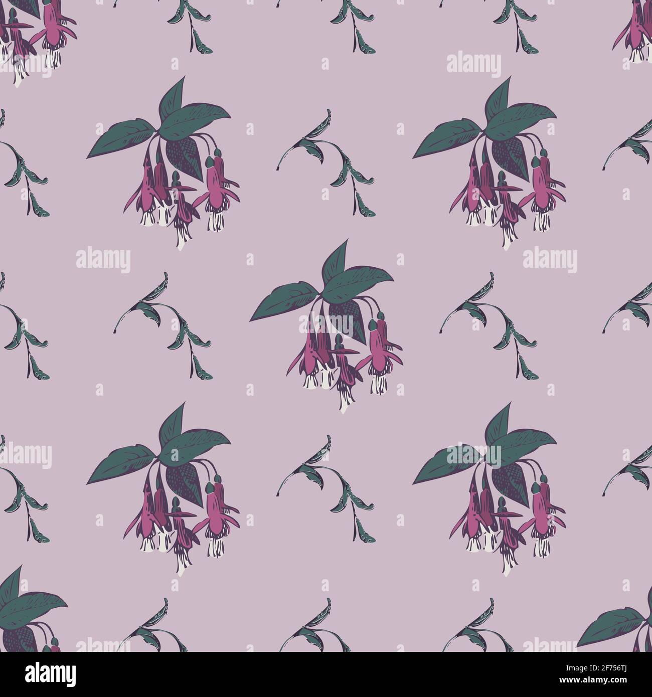 Hand drawn bloom fuchsia flowers, engraving floral seamless pattern ...