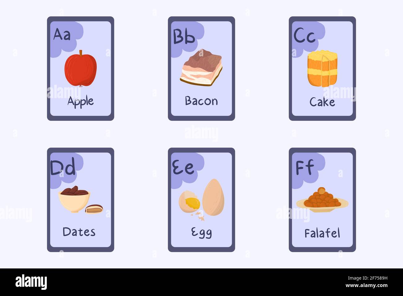 Colorful alphabet flashcard Letter A, B, C, D, E, F - apple, bacon ...