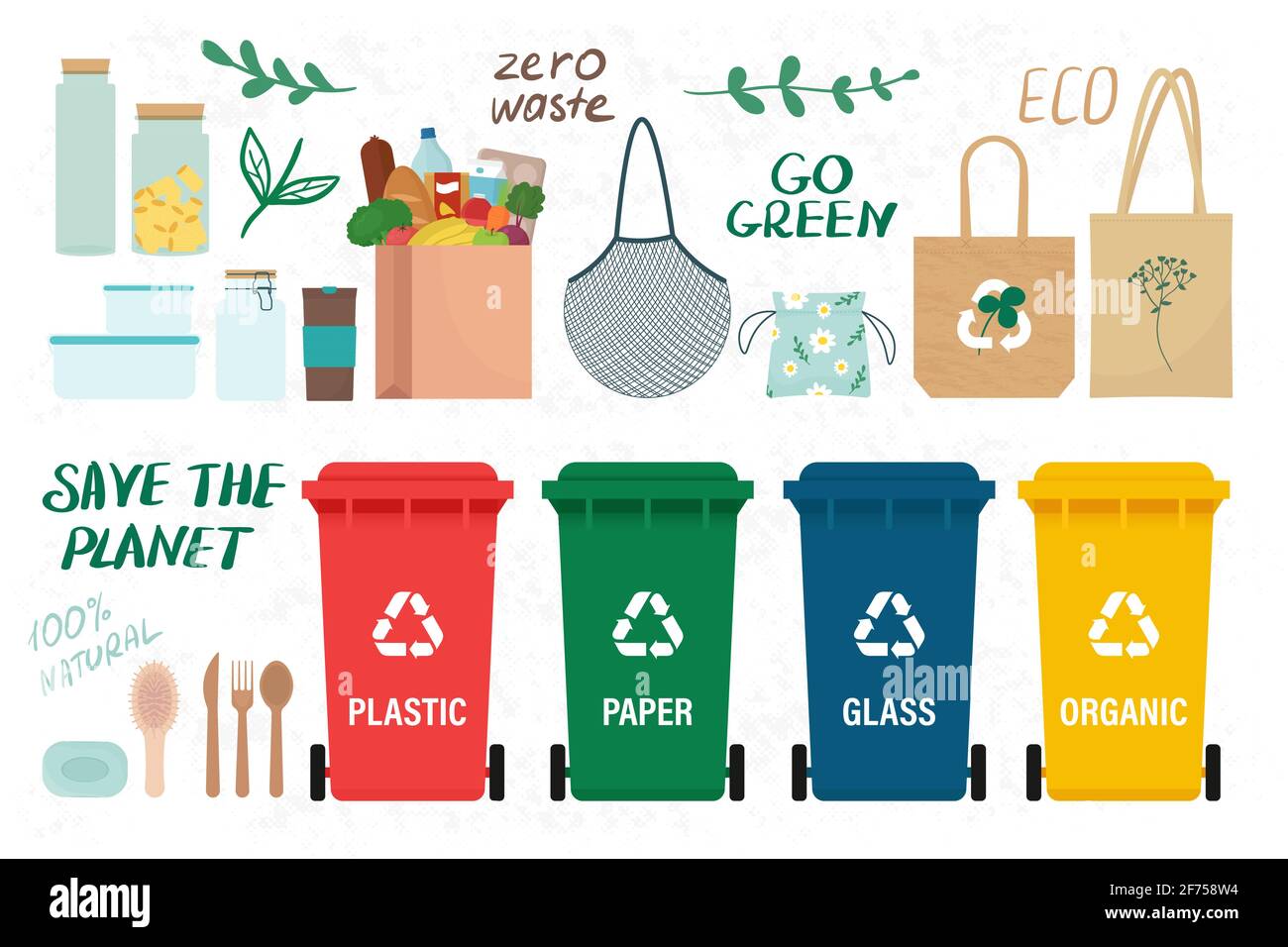 Zero waste set with different objects to save the planet. Vector ...