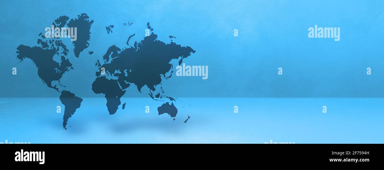 World map isolated on blue wall background. 3D illustration. Horizontal ...