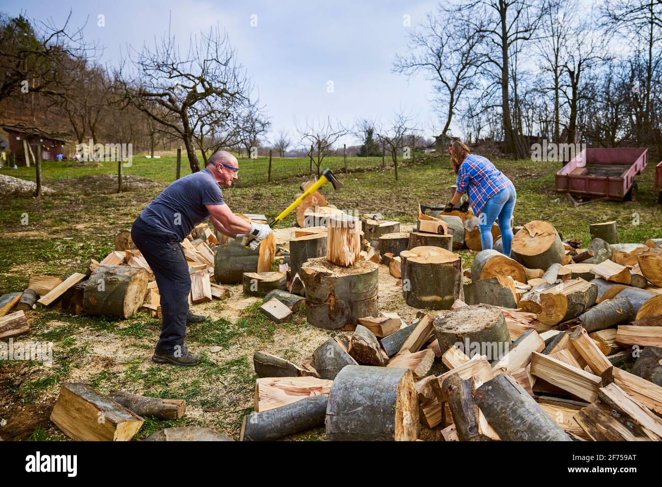 Woman splitting firewood hi-res stock photography and images - Alamy
