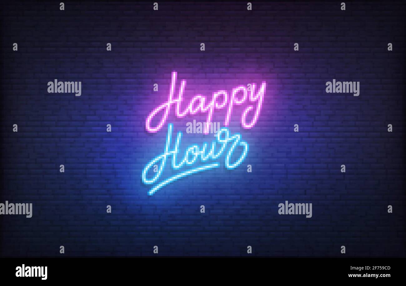 Happy Hour neon sign. Glowing neon lettering Happy Hour template Stock ...