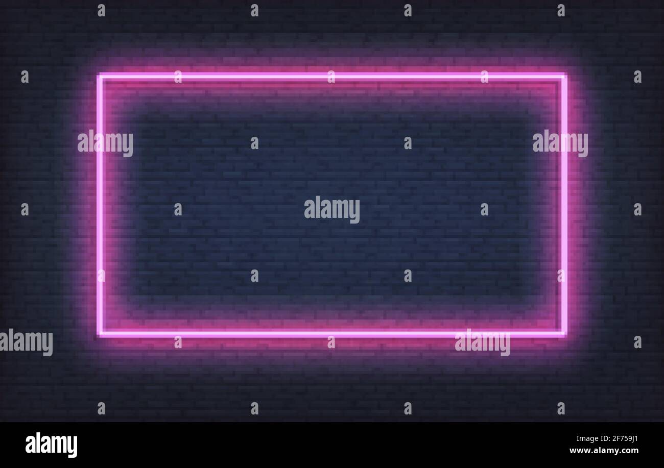 Neon frame sign template. Realistic purple signboard glowing design ...